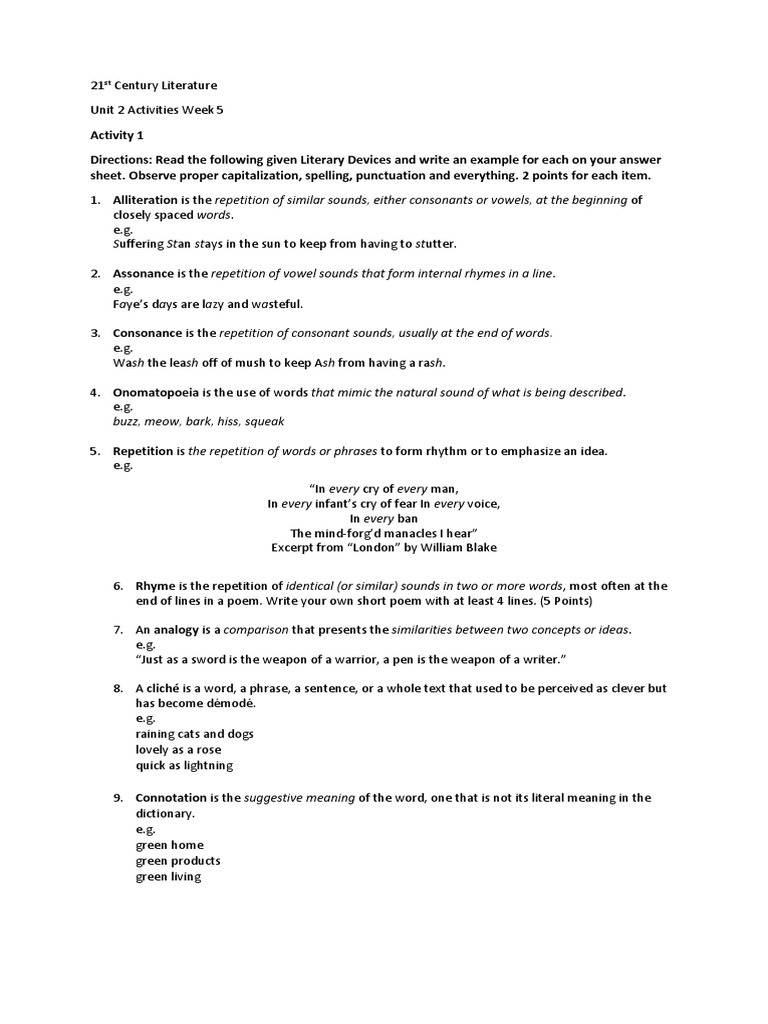21st Century Literature Unit 2 Activities Week 5 | PDF | Rhyme | Poetry