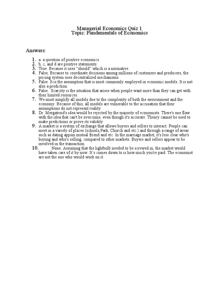 Managerial Economics Quiz 1 | PDF
