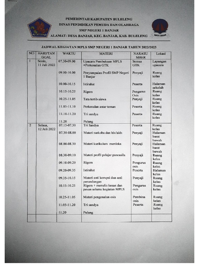 Jadwal Kegiatan MPLS Tahun Pelajaran 2022-2023 | PDF