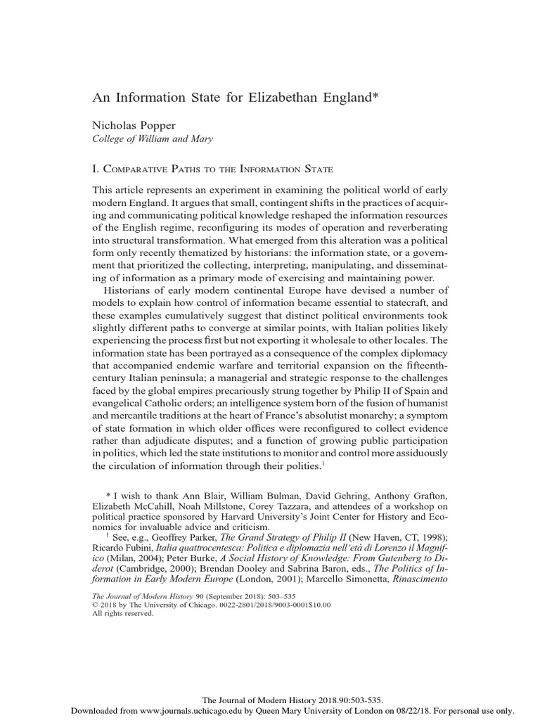 An Information State For Elizabethan England : Nicholas Popper | PDF ...