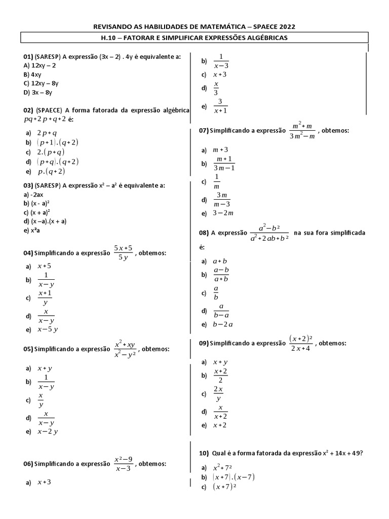 H10 - Fatorar e Simplificar Expressões | PDF