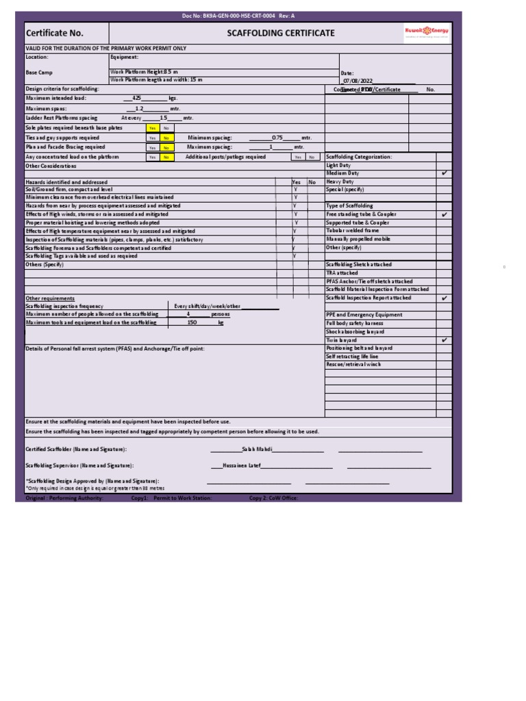 Scaffolding Certificates | Download Free PDF | Scaffolding ...
