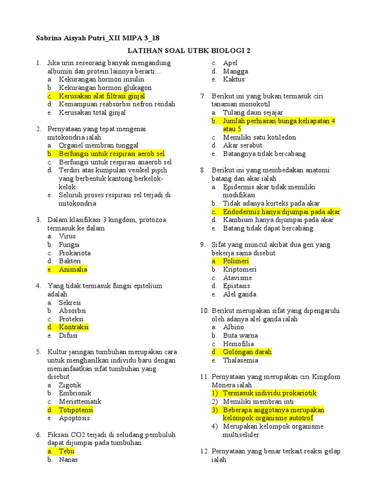 Sabrina Aisyah Putri - 12 Mipa 3 - Latihan Soal Utbk Biologi 2 | PDF