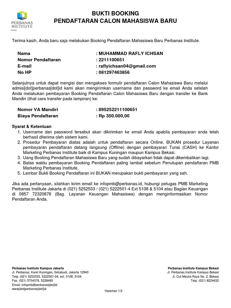 Bukti Booking Daftar | PDF