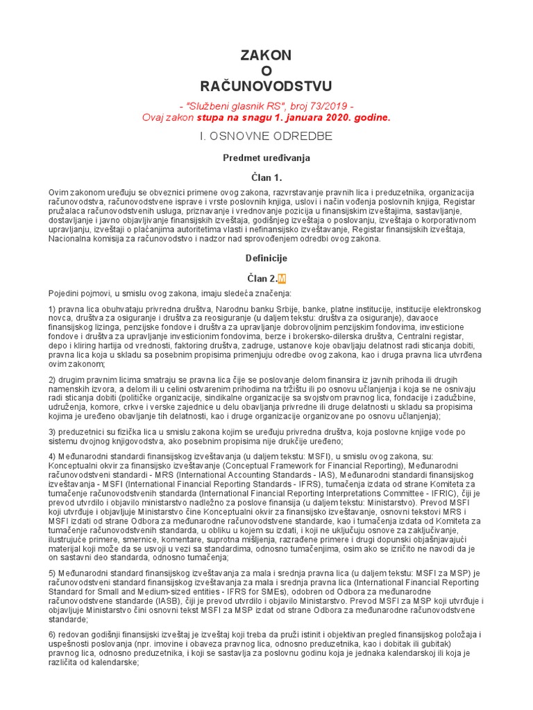 Zakon o Racunovodstvu RS 2020 | PDF