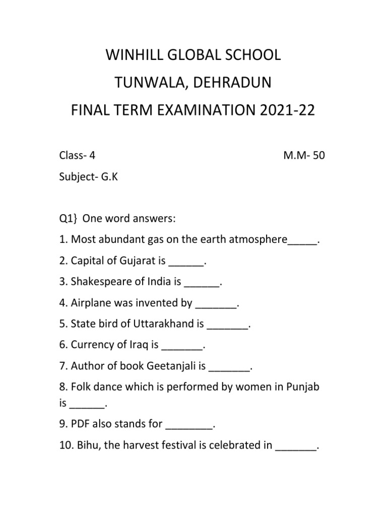 Winhill Global School Tunwala, Dehradun Final Term Examination 2021-22 ...