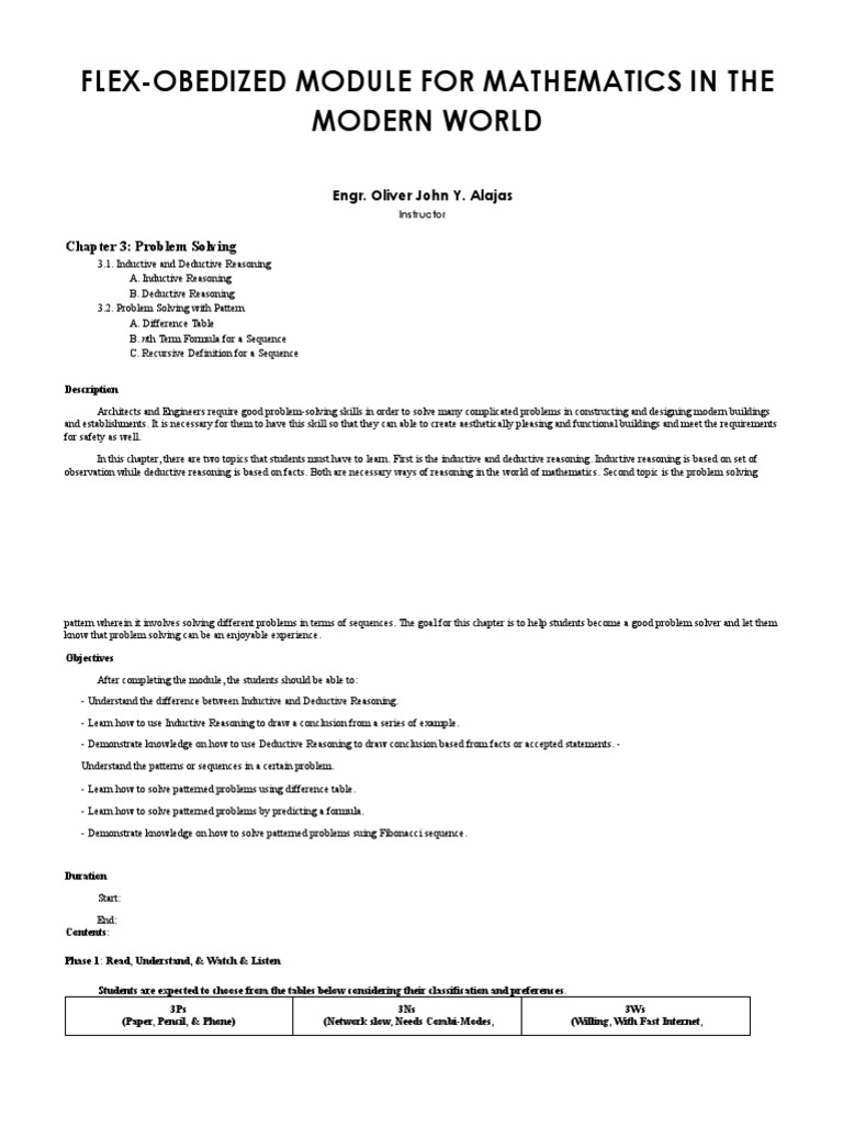 Mmw Chapter 3 Problem Solving Part 2 Problem Solving With Pattern Pdf Inductive