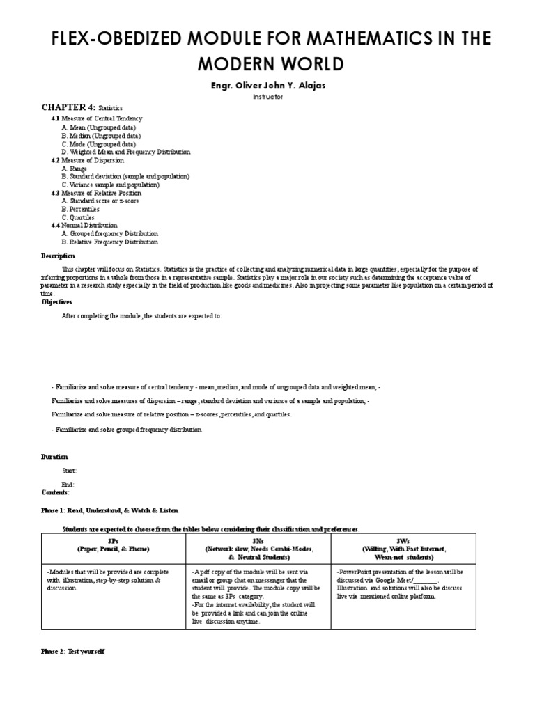 MMW-Chapter-4-Statistics (Part 1 - Measures of Central Tendency & Measures of Dispersion) | PDF ...