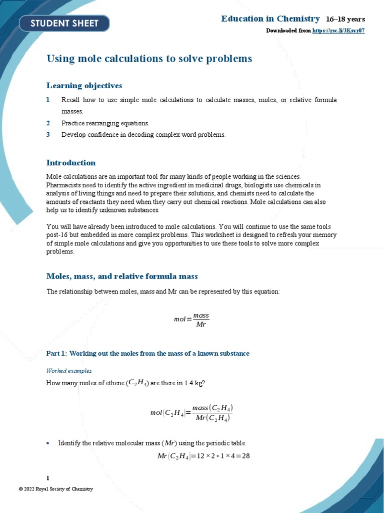 Using Mole Calculations To Solve Problems: Learning Objectives | PDF ...