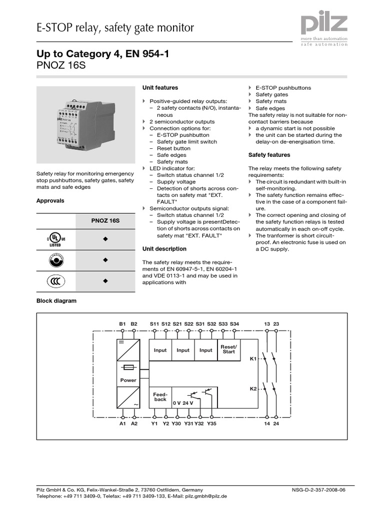 E-STOP Relay, Safety Gate Monitor: Pnoz 16S | PDF | Relay | Fuse ...