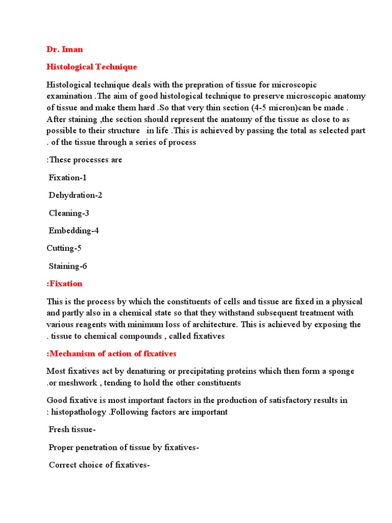 Histological Technique Pdf Fixation Histology Histology