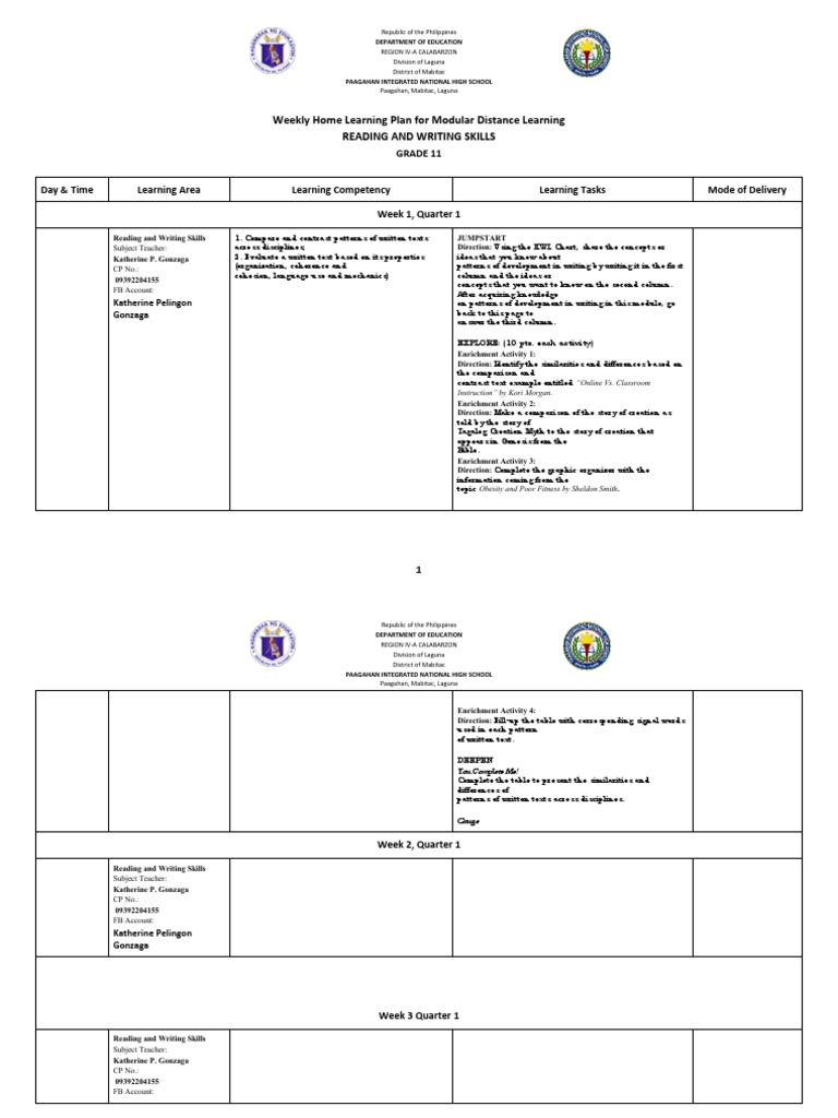 Weekly Home Learning Plan for Modular Distance Learning in Reading and Writing Skills for Grade ...