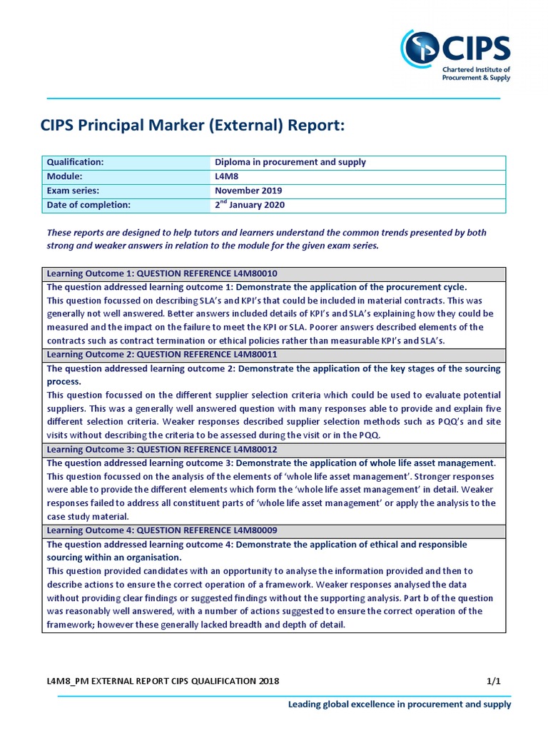 CIPS Principal Marker Report: Analysis of Exam Performance for Diploma in Procurement and Supply ...