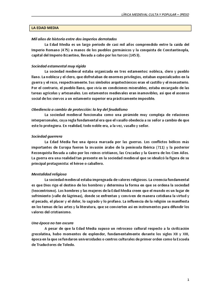 La Edad Media. Lírica Popular y Culta | PDF | Edades medias | Poesía