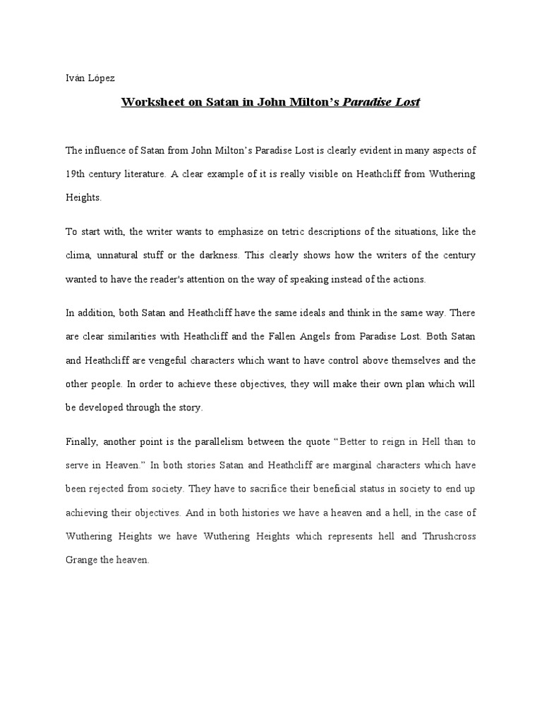 Worksheet On Satan in John Milton's Paradise Lost | PDF | History