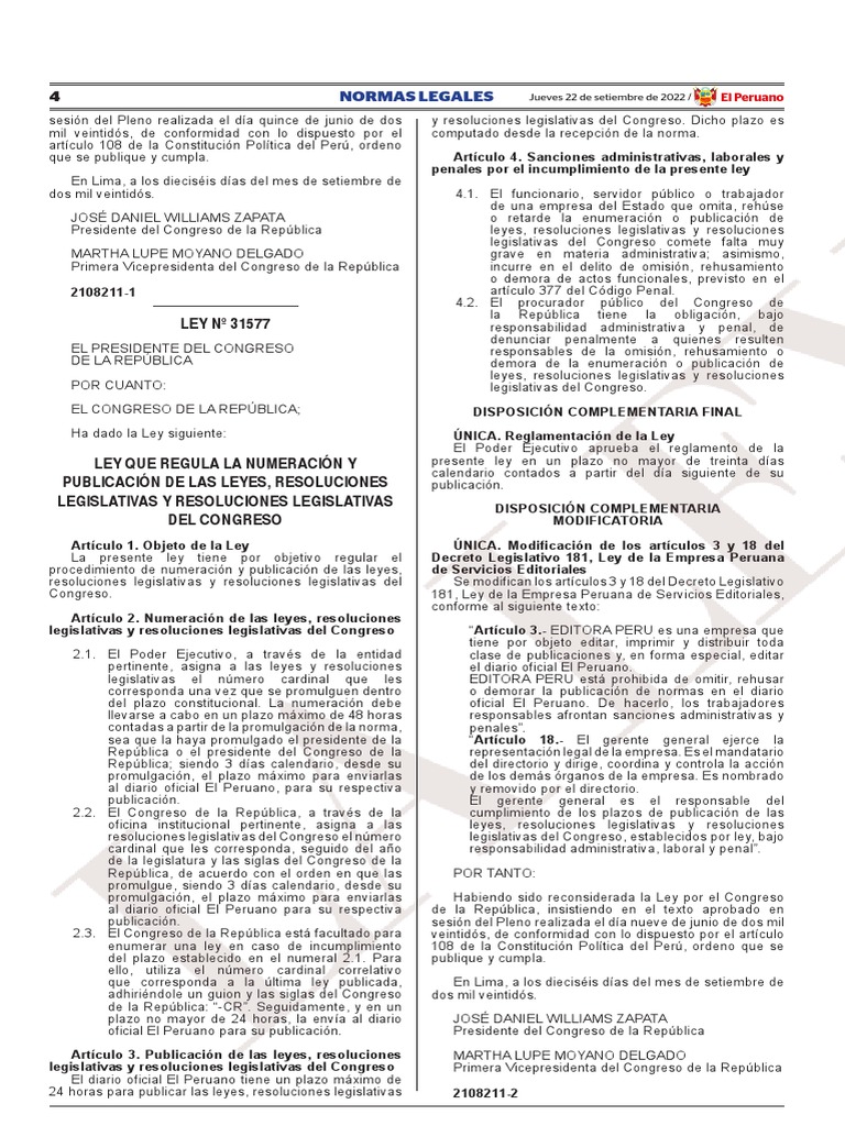 LEY 31577 Regulan La Publicación de Leyes y Resoluciones Legislativas ...