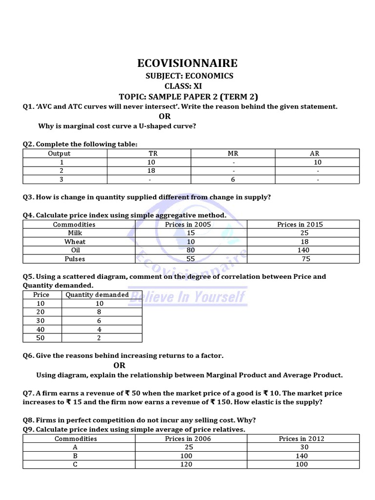 Eco XI Sample Paper 2 For Term 2 | PDF | Supply (Economics) | Prices