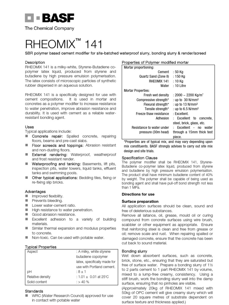 RHEOMIX 141 v7 | Download Free PDF | Concrete | Mortar (Masonry)