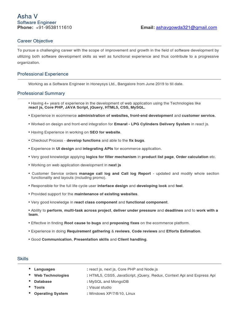 CV - Asha V - 2022 | PDF | Application Software | Web Application