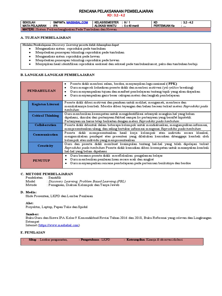 RPP 1 Lembar IPA Kelas 9 KD 3.2 Sistem Perkembangbiakan Pada Tumbuhan Dan Hewan - 4.2 Revisi ...