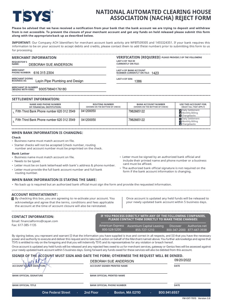 TSYS Bank Request Change Document-101 | PDF | Cheque | Banks