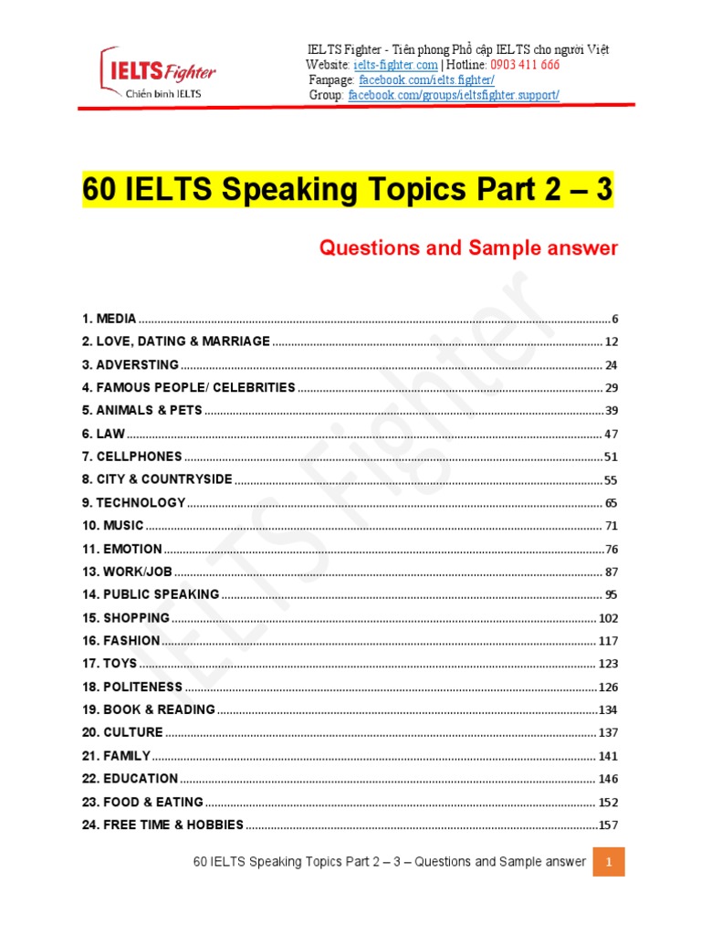 60 IELTS Speaking Topics Part 2 - 3 With Questions & Sample Answers ...