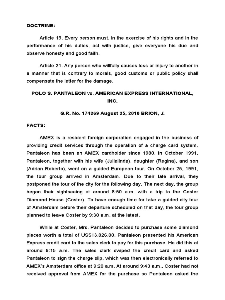 POLO S. PANTALEON vs. AMERICAN EXPRESS INTERNATIONAL, INC. | PDF ...