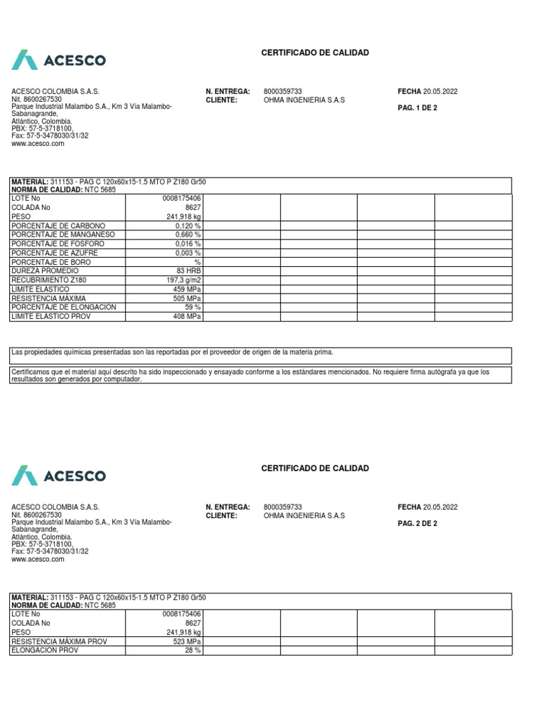 Certificado de Calidad PHR 5 | PDF | Materiales | Química