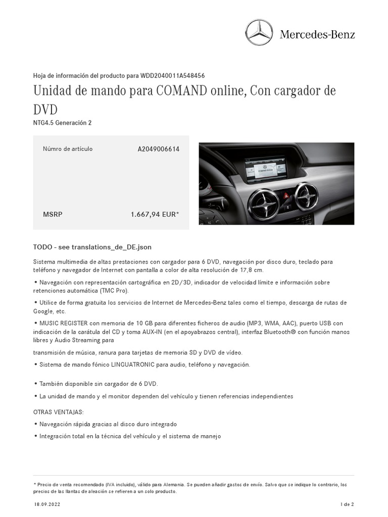 Unidad de Mando para COMAND Online, Con Cargador de DVD - Mercedes Benz ...