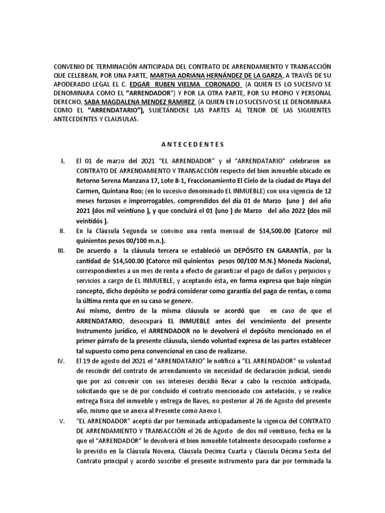 Convenio de Terminación Anticipada Del Contrato de Arrendamiento y Transacción | PDF | Derecho ...