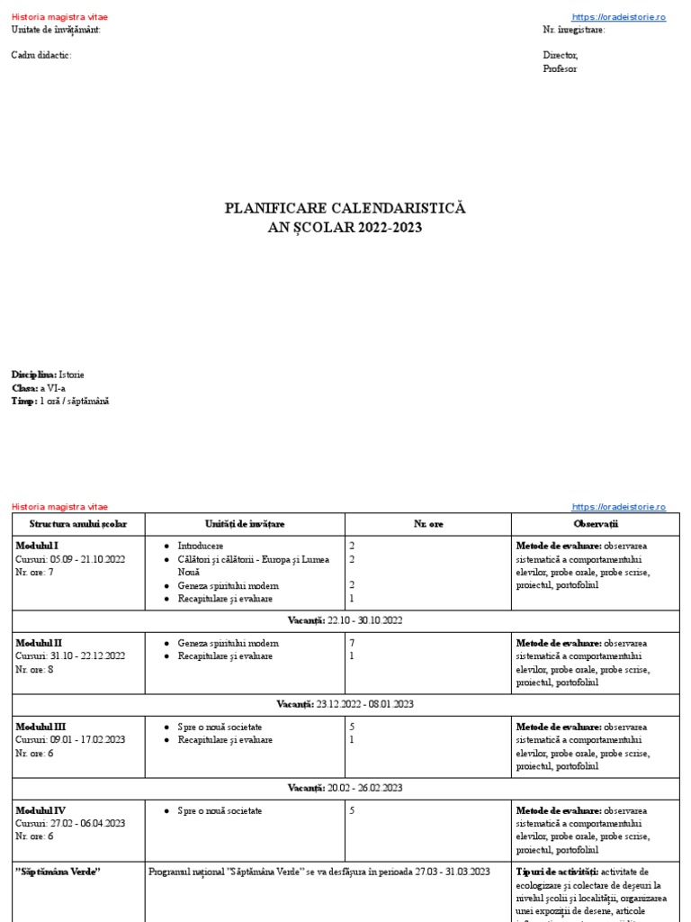 Planificare Calendaristica Clasa A VI A Disciplina Istorie An Scolar 2022 2023 | PDF