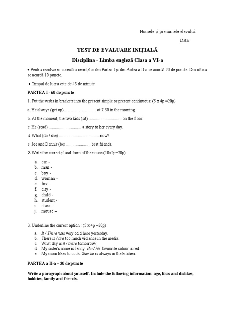 Test Initial Clasa A VI-a | PDF | Cognition | Language Mechanics