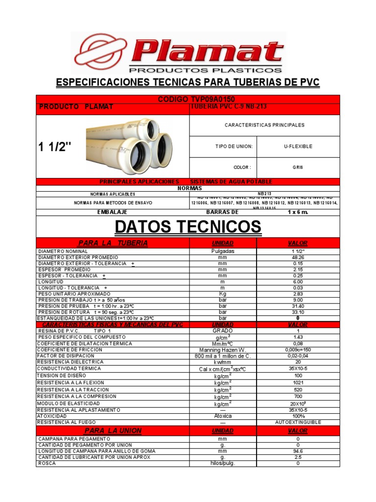 05 - Ficha Tecnica Tuberia PVC Plamat | PDF | Tubería (transporte de fluidos) | Resistencia a la ...