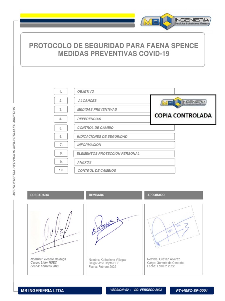 Protocolo de Seguridad Medidas Preventivas Covid - 19 para Faena Spence | Descargar gratis PDF ...