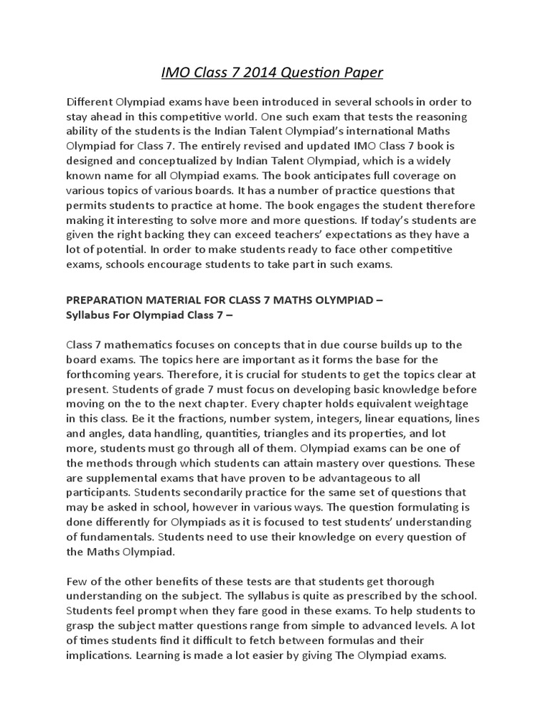 IMO Class 7 2014 Question Paper | PDF | Test (Assessment) | Mathematics