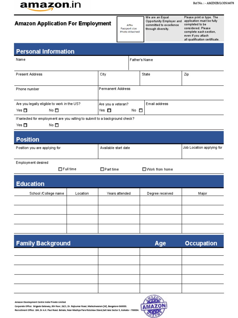 Amazon Employment Application Form | PDF | Employment | Recruitment