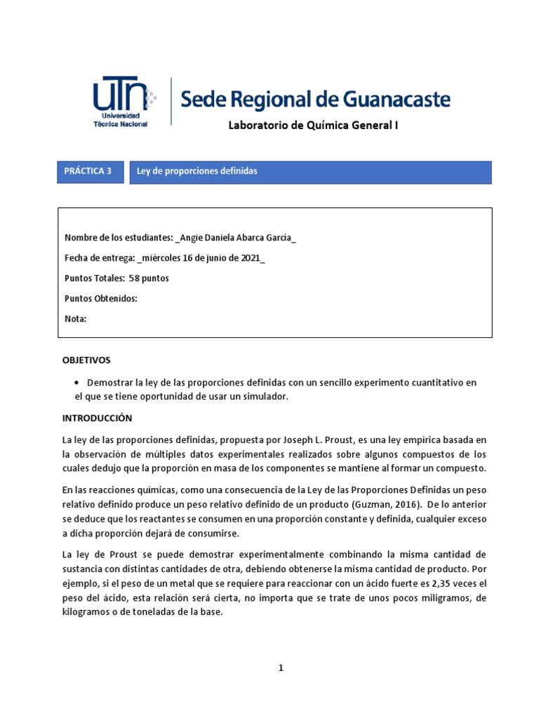 Reporte 3. Ley de Proporciones Definidas Angie Daniela Abarca | PDF ...