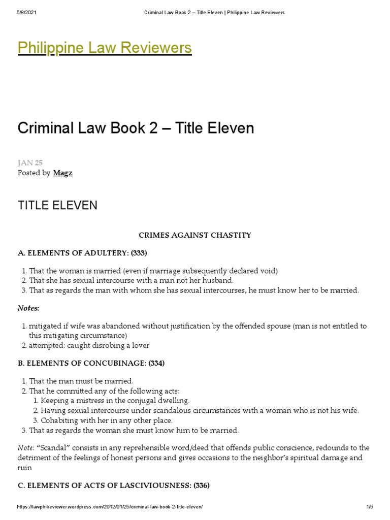 Title 11: Crimes Against Chastity | PDF | Adultery | Kidnapping