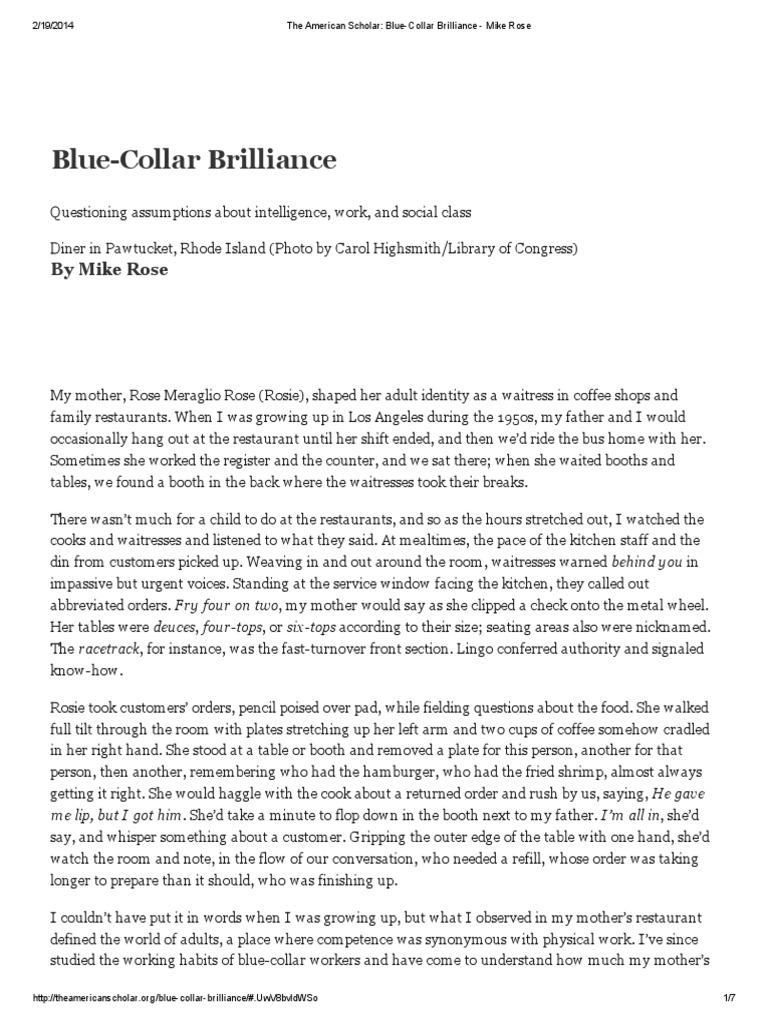 The American Scholar - Blue Collar Brilliance Mike Rose | PDF ...