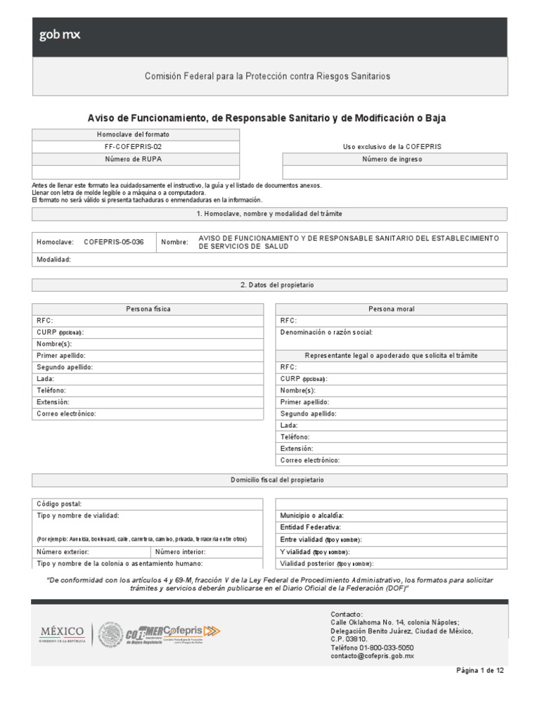 Formato General De Aviso De Funcionamiento Y Responsable Sanitario