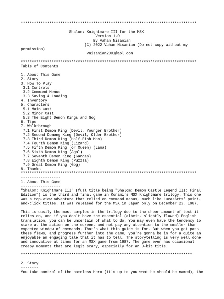 Shalom (MSX Walkthrough) | PDF | Hero