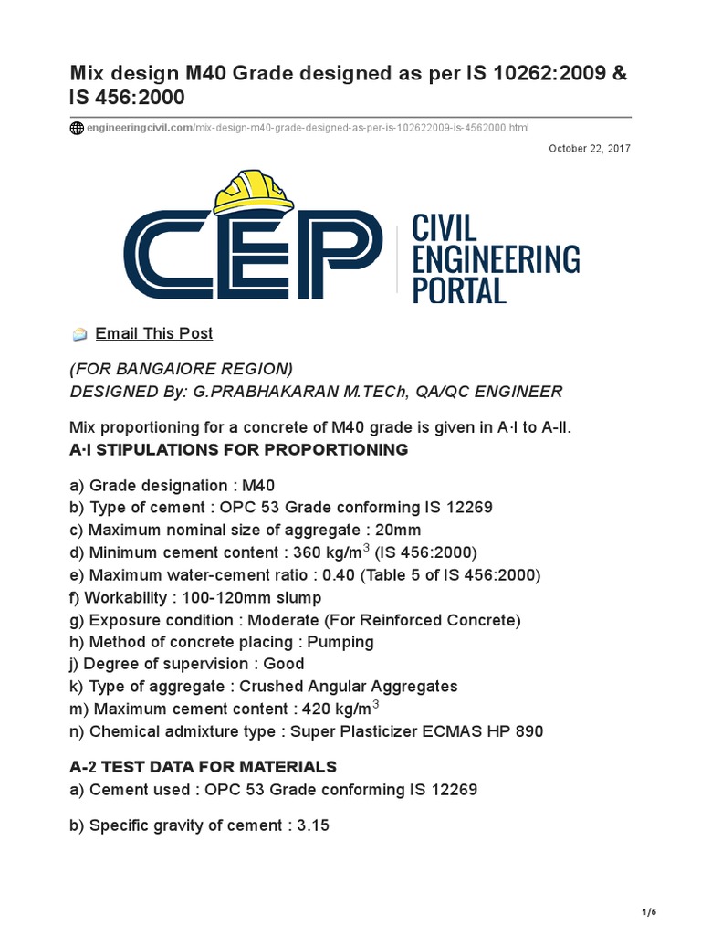Mix Design M40 Grade Designed As Per IS 10262:2009 & IS 456:2000 | PDF ...
