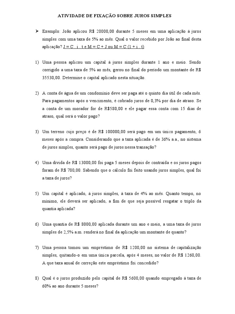 Exercícios de Juros Simples: Cálculos Práticos | PDF