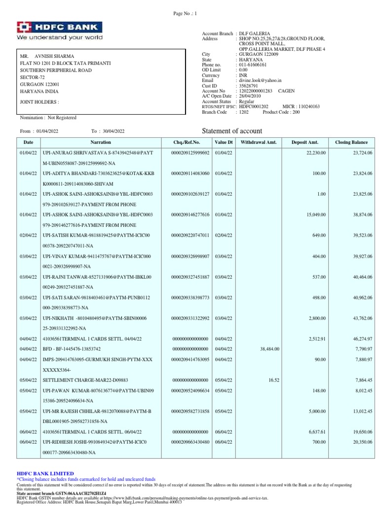 Statement of Account: Date Narration Chq./Ref - No. Value DT Withdrawal ...