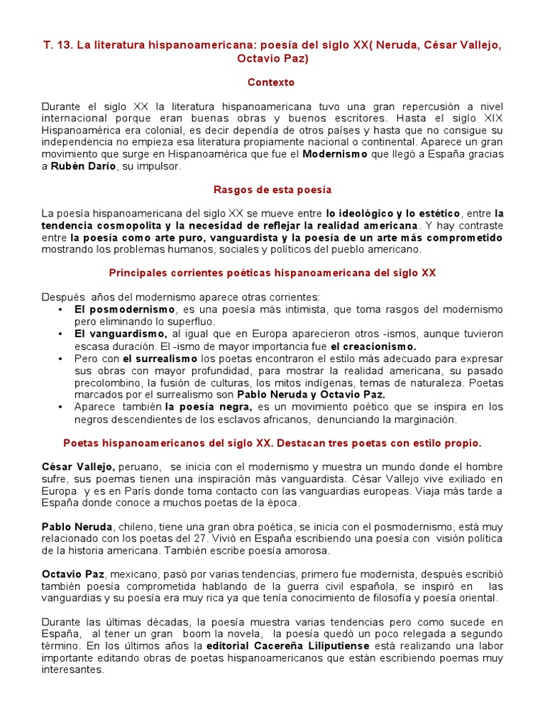 T. 13. La Literatura Hispanoamericana - Poesía Del Siglo XX (Neruda ...