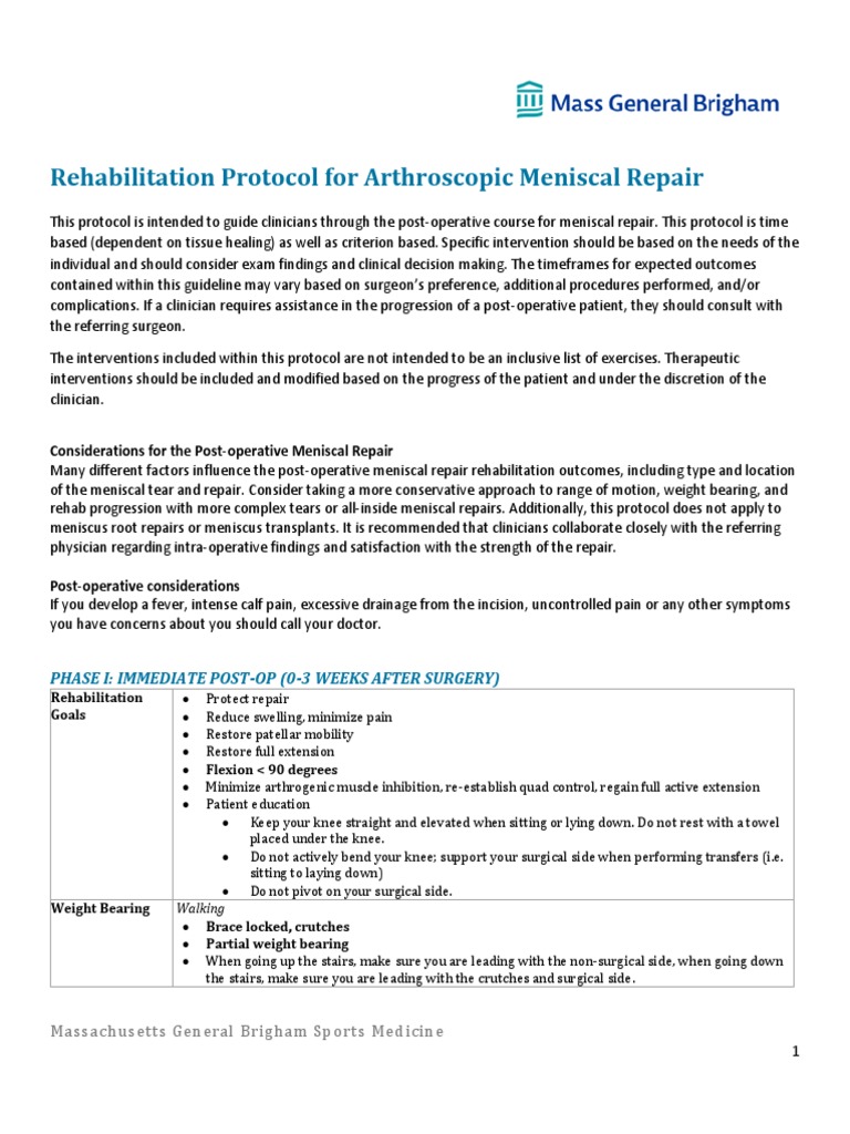 Meniscal Repair Rehab Protocol Guide | PDF | Anatomical Terms Of Motion ...