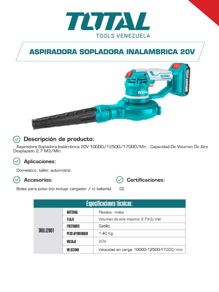 Tabli2001 Aspiradora Sopladora Inalambrica 20V | PDF