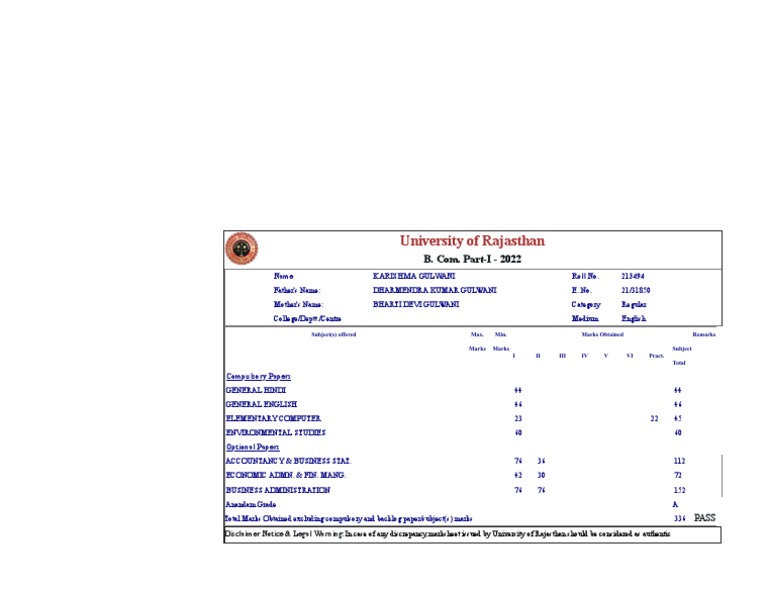University of Rajasthan - Result Website | PDF