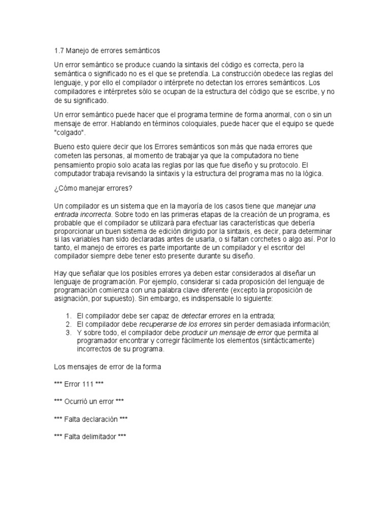 1.7 Manejo de Errores Semánticos Con Referencia | PDF | Compilador | Lenguaje de programación