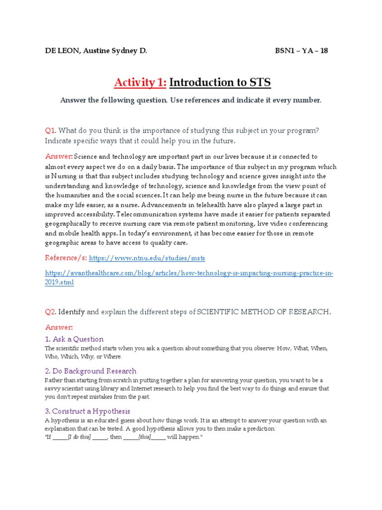Activity 1 Introduction To STS | PDF | Science | Experiment